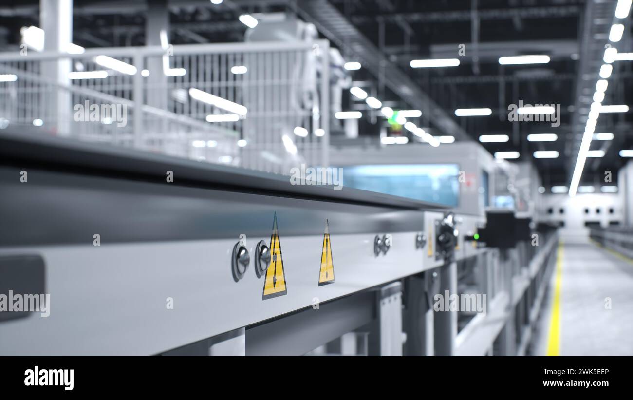 High voltage danger signs on conveyor belts in factory used to produce ...