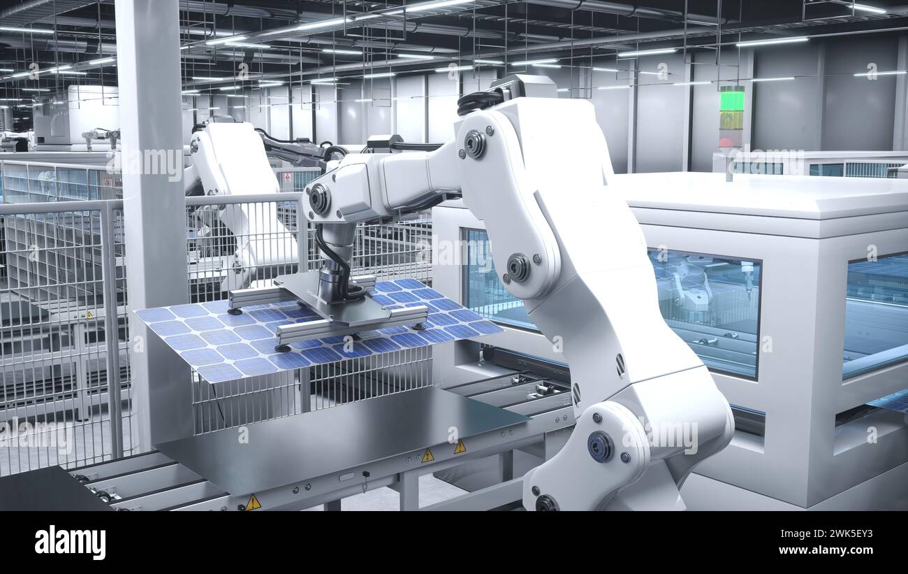 Industrialized solar panel factory with robotic arms placing ...