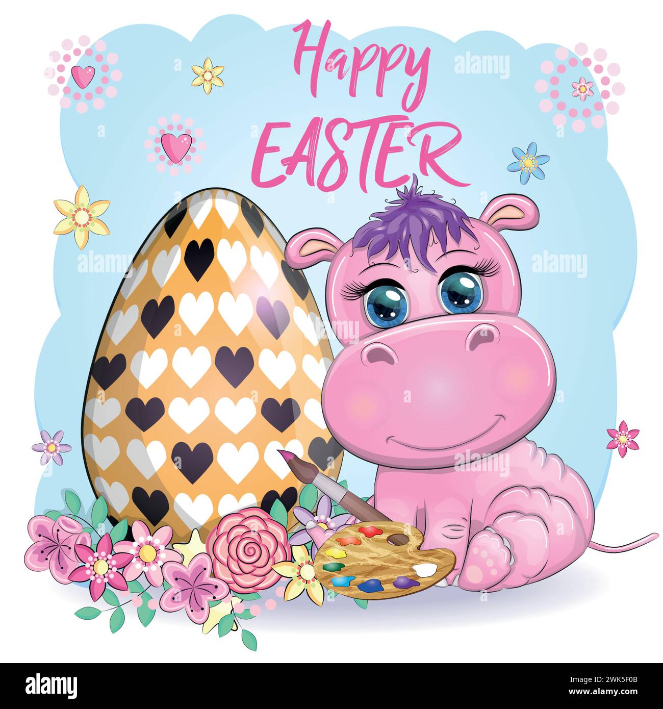 Cute cartoon hippo with Easter egg, Easter card Stock Vector Image ...