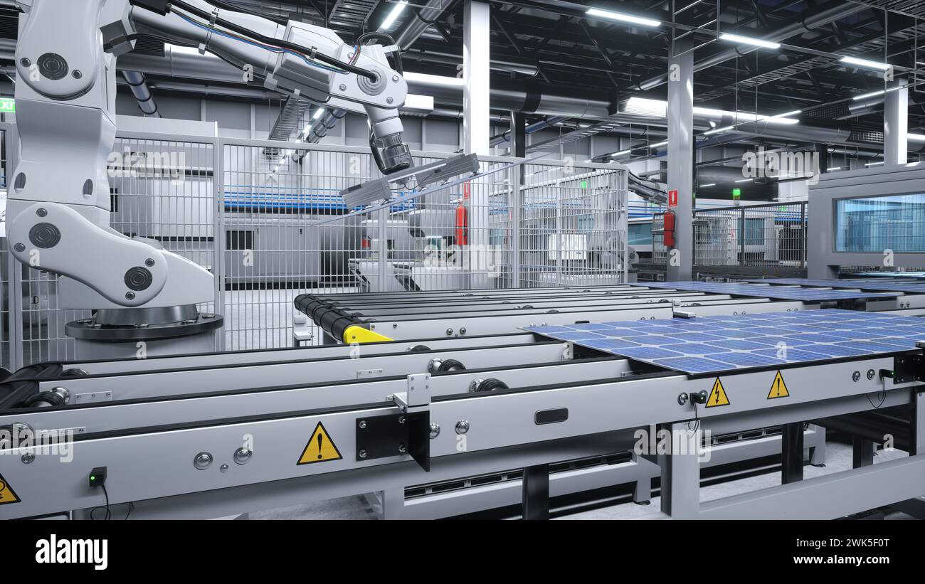 Industrial robotic arms in cutting edge solar panel factory handling ...