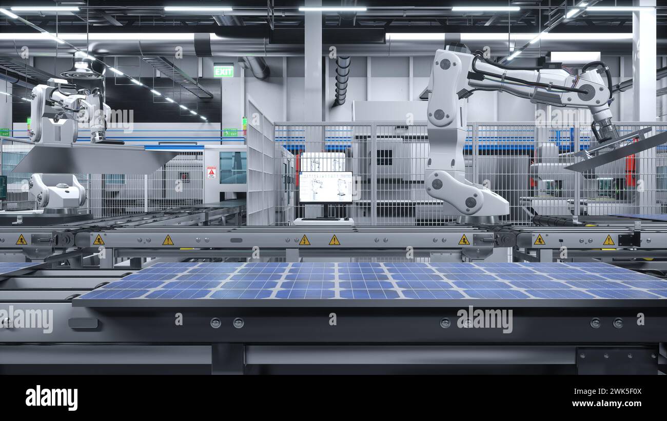 Industrial solar panel warehouse with robot arms placing photovoltaic ...