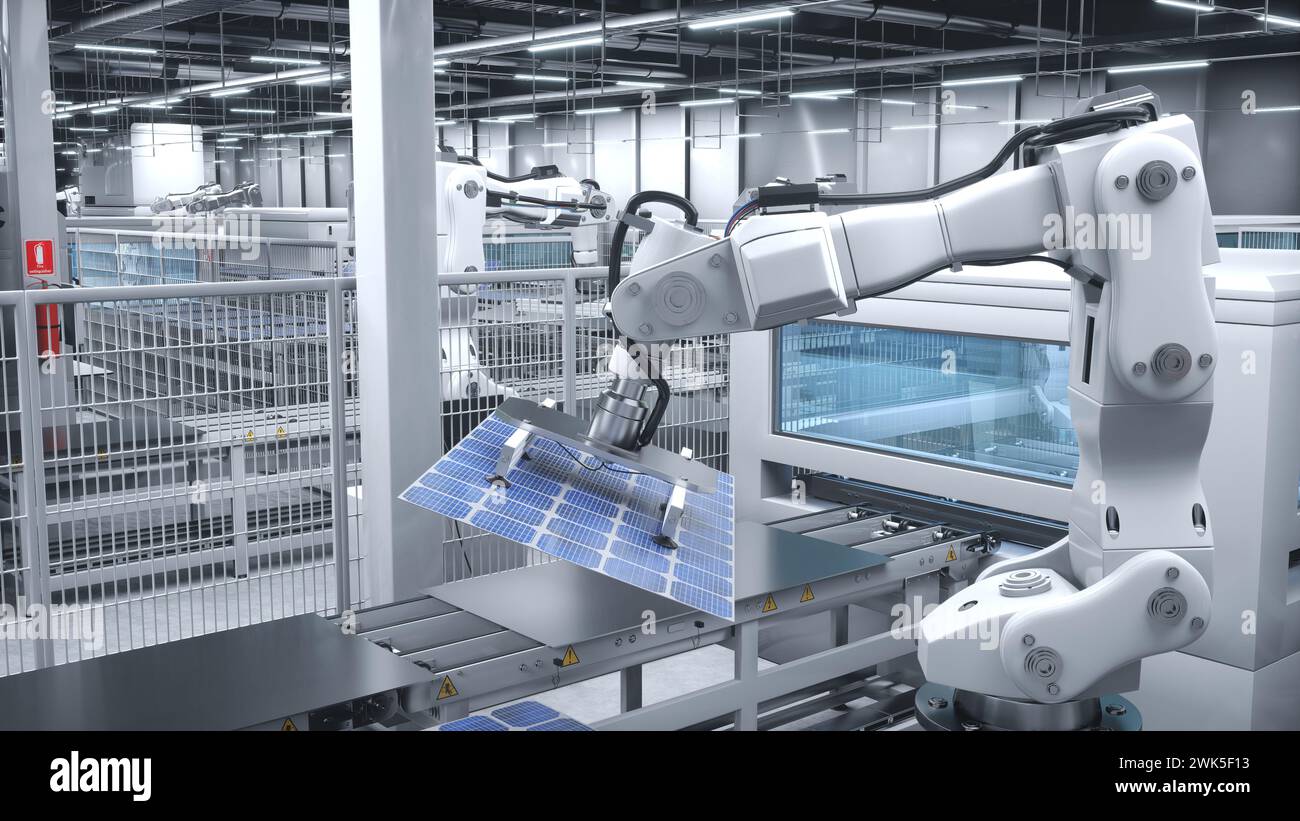 Autonomous robot arm in cutting edge solar panel factory maneuvering ...