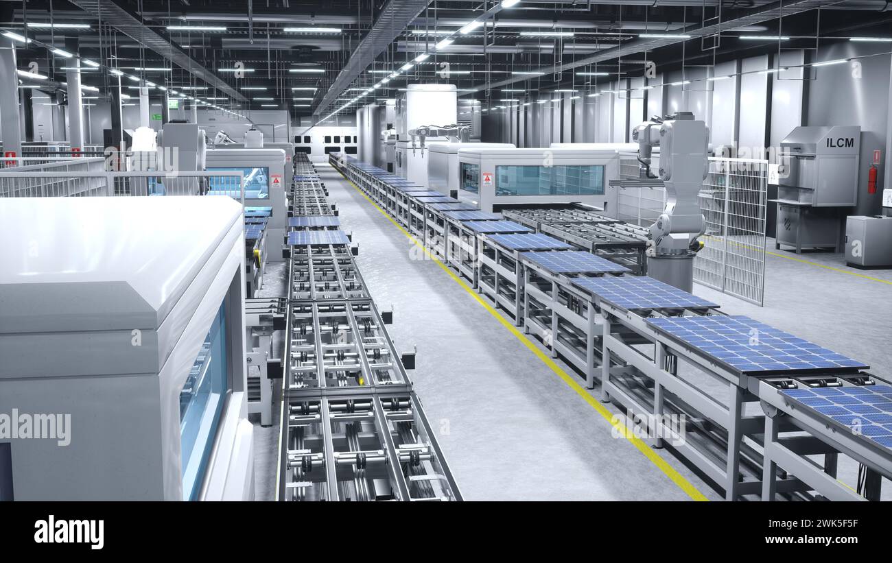 Robotic arms in cutting edge solar panel factory handling photovoltaic ...