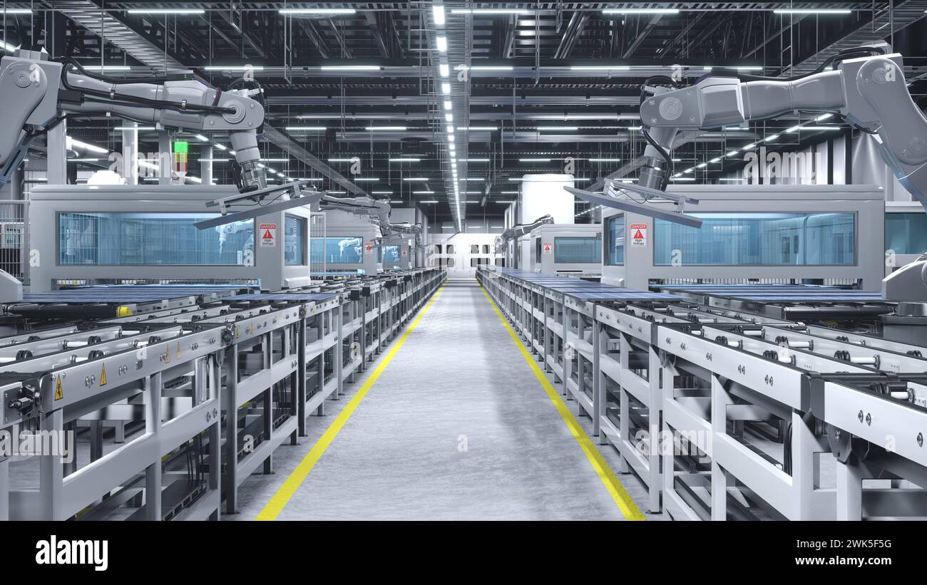 Automatized robotic arms in cutting edge solar panel factory handling ...