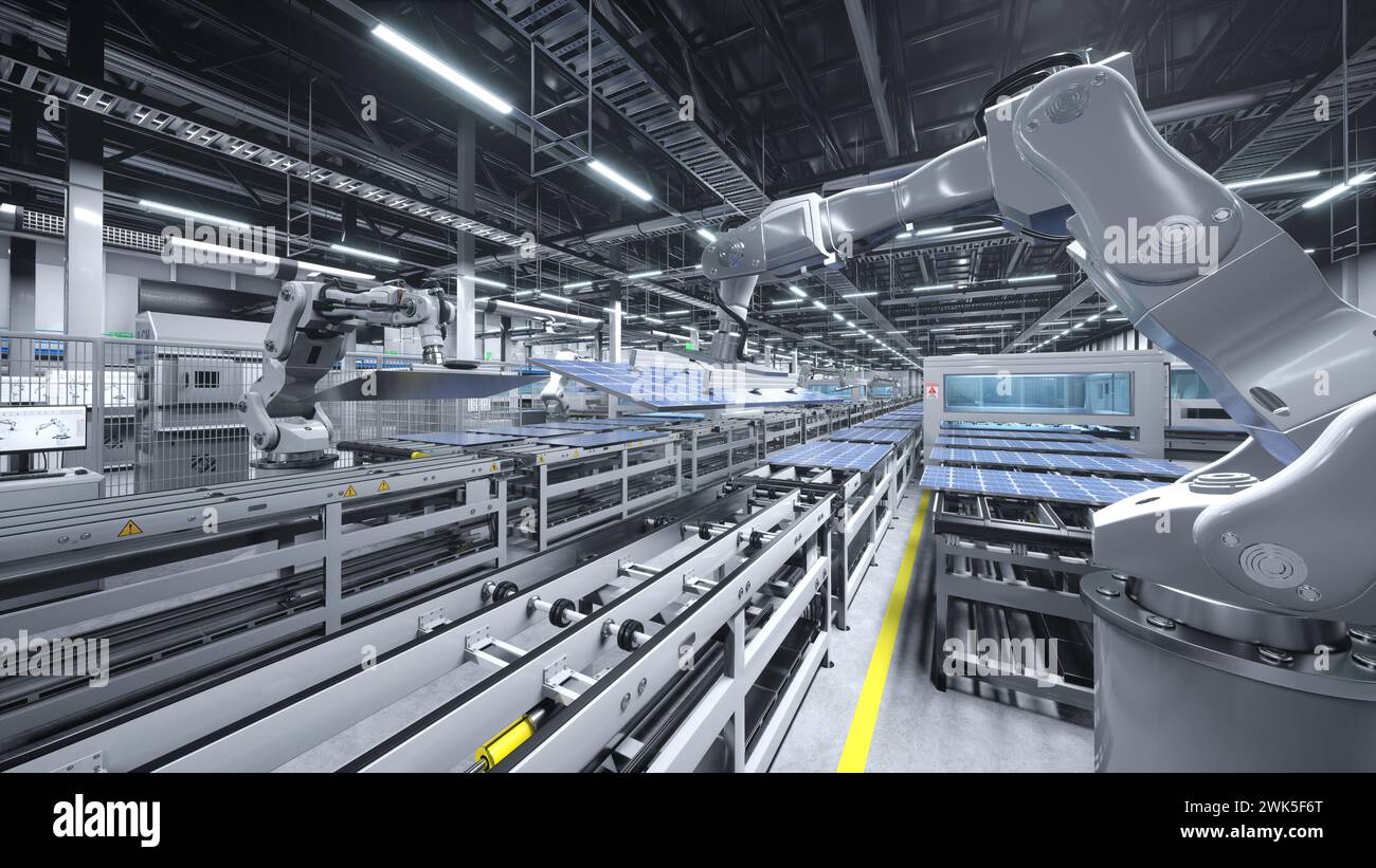 Technologically advanced robot arm in cutting edge solar panel factory ...