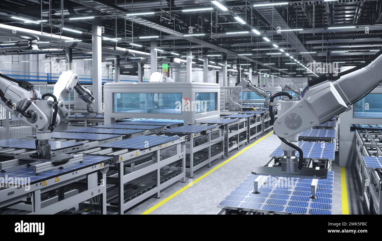 Automatized robotic arms in cutting edge solar panel warehouse handling ...