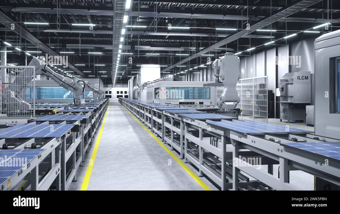 Industrial robot arms placing solar panels on large production line in ...