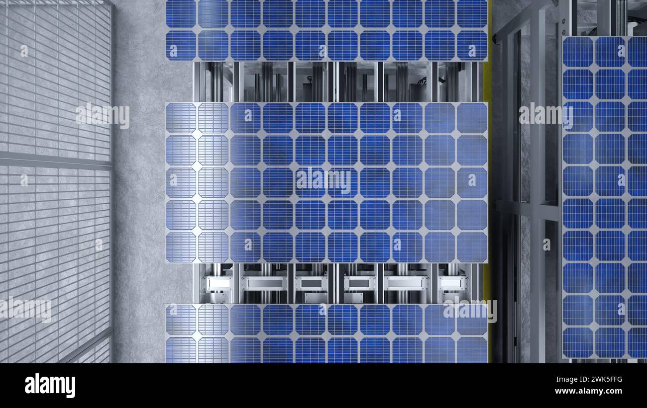 Top view of solar panel assembly line operated by high tech robot arms ...