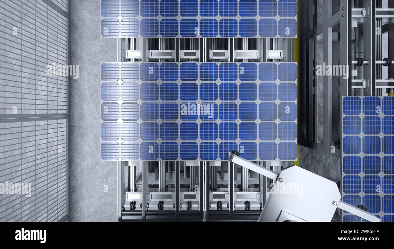 POV of robotic arms moving solar panels on conveyor belts during high ...