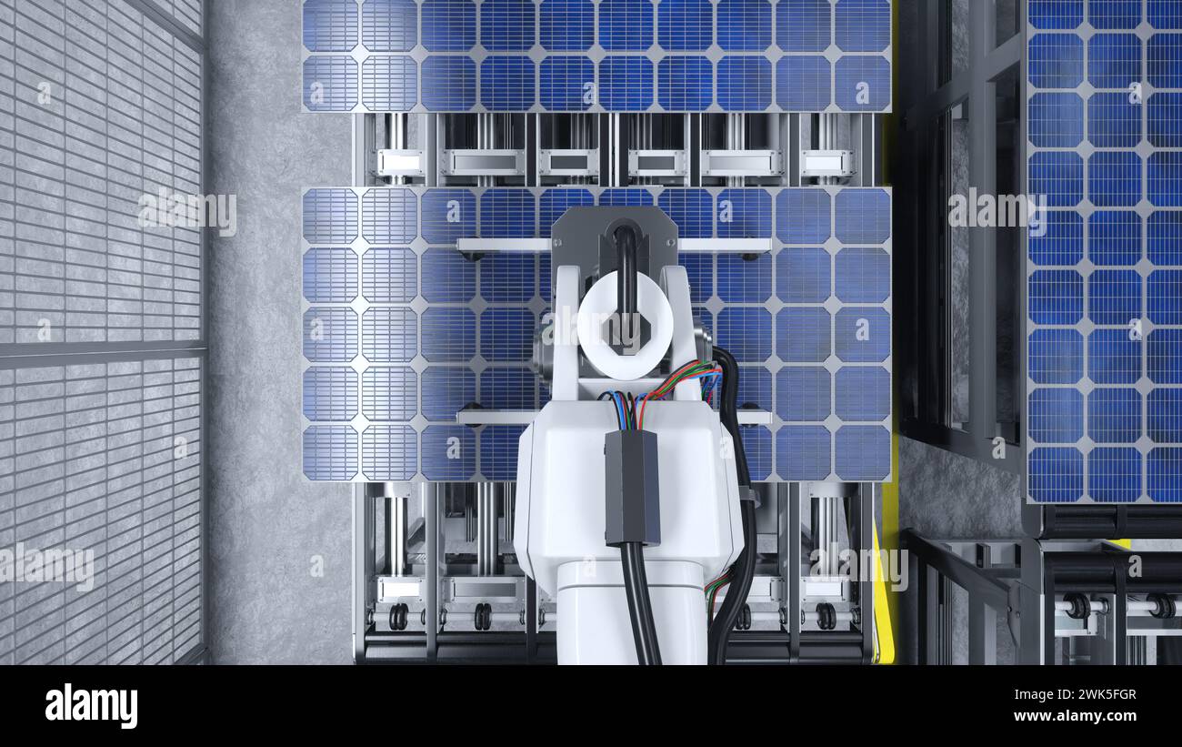 Aerial shot of high tech robotic arm placing solar panel on assembly ...