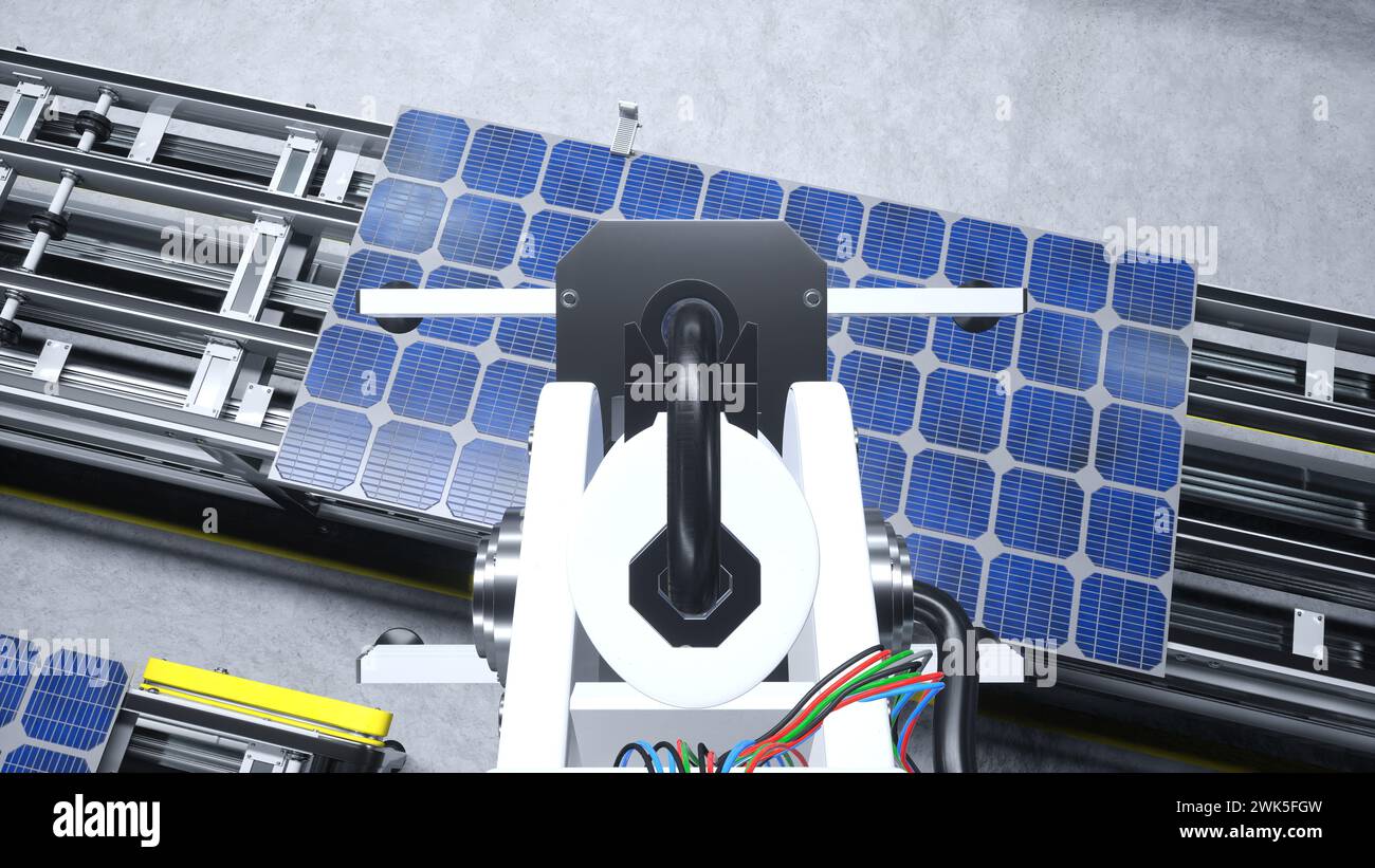 POV shot of industrial robot arm placing solar panel on assembly line ...