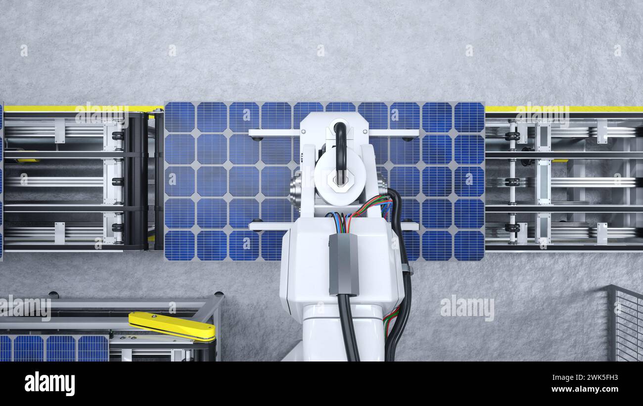 POV of robotic arms moving solar panels on conveyor belts during high ...