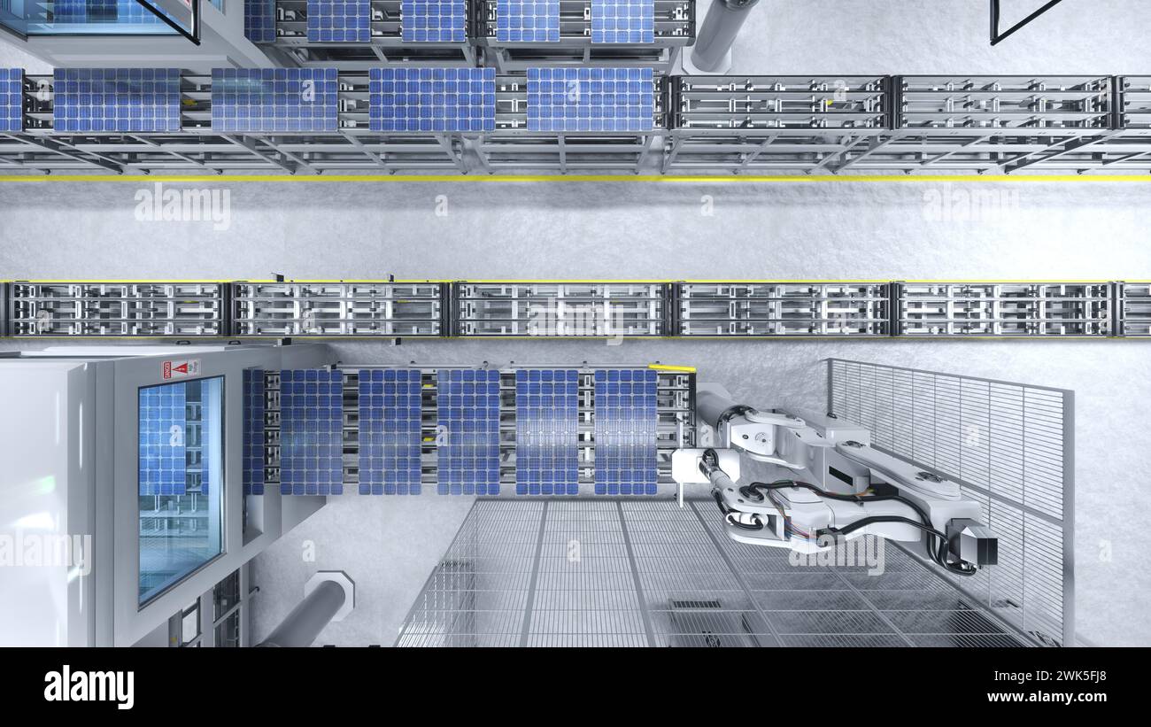 Top down view of solar panels on production lines operated by high tech ...