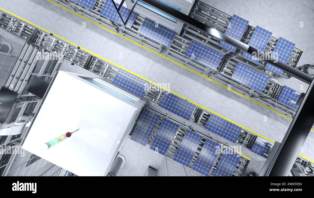 Top down view of solar panels on production lines operated by high tech ...