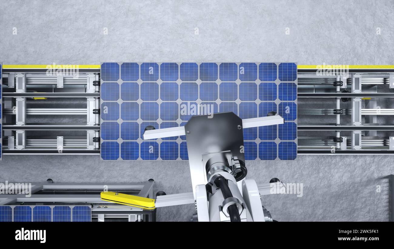 POV shot of high tech robot arm placing solar panel on assembly line in ...
