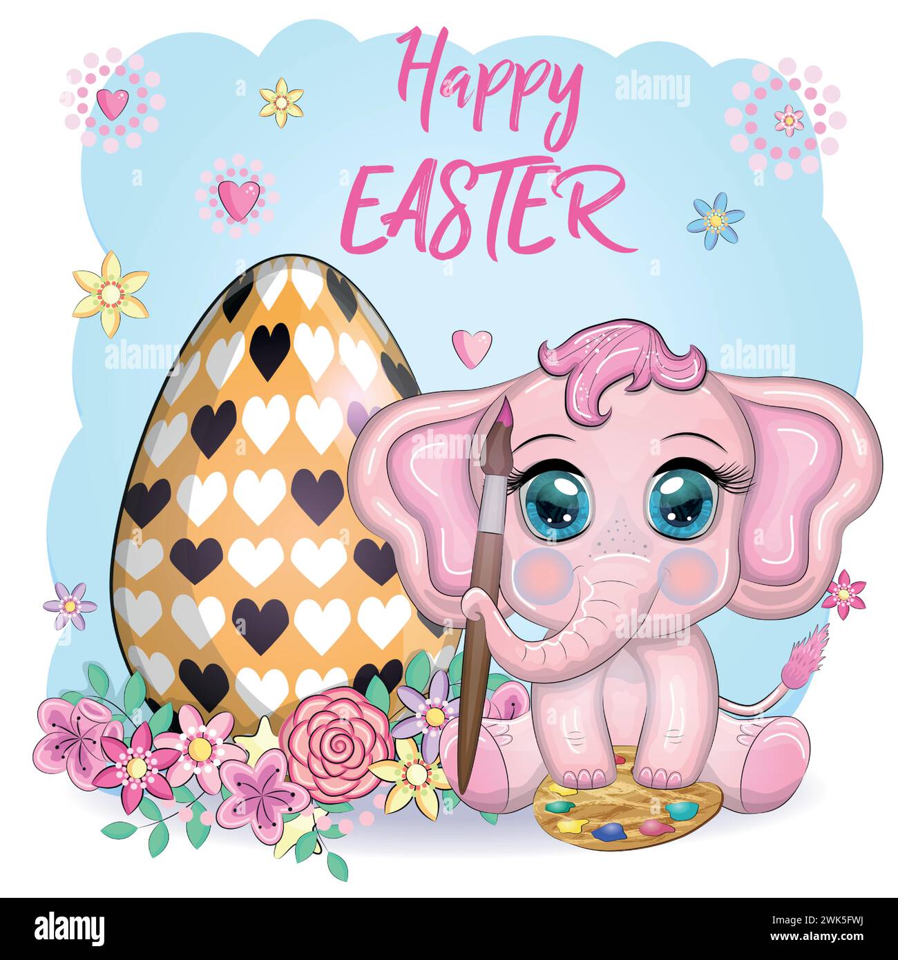 Cute cartoon elephant, childish character with beautiful eyes holding ...