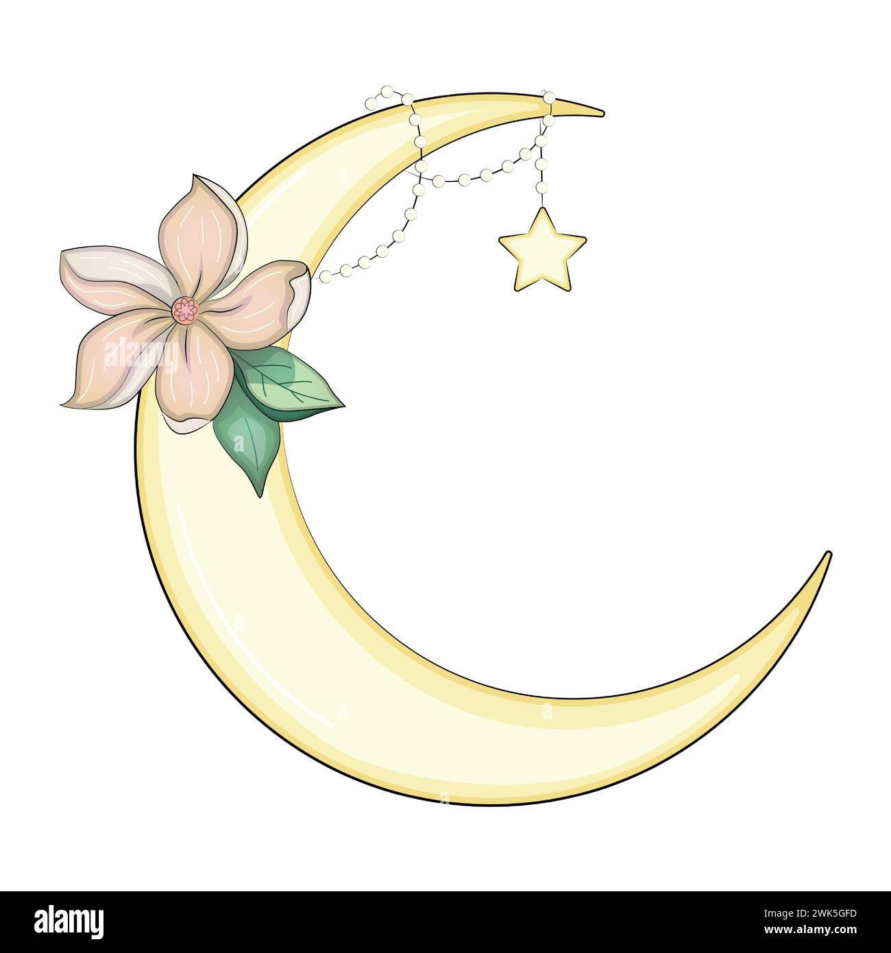 Crescent moon decorated with flowers, leaves anemone, peony, magnolia ...