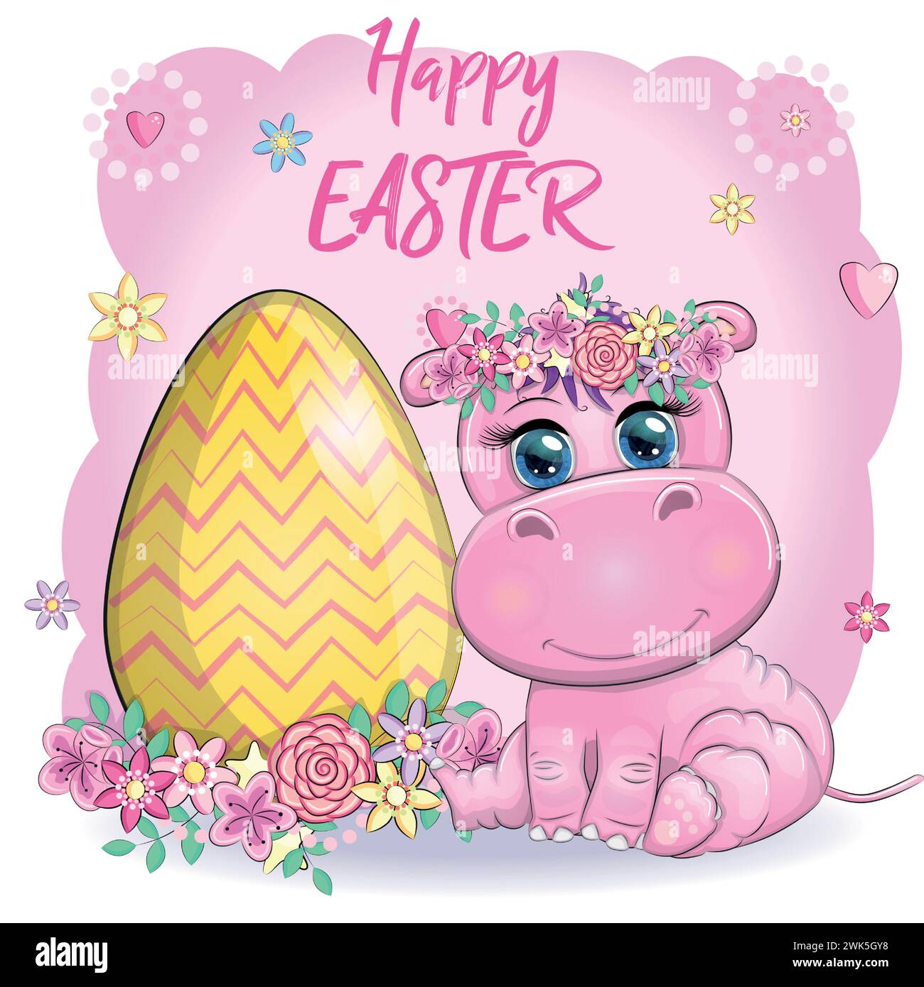 Cute cartoon hippo with Easter egg, Easter card Stock Vector Image ...