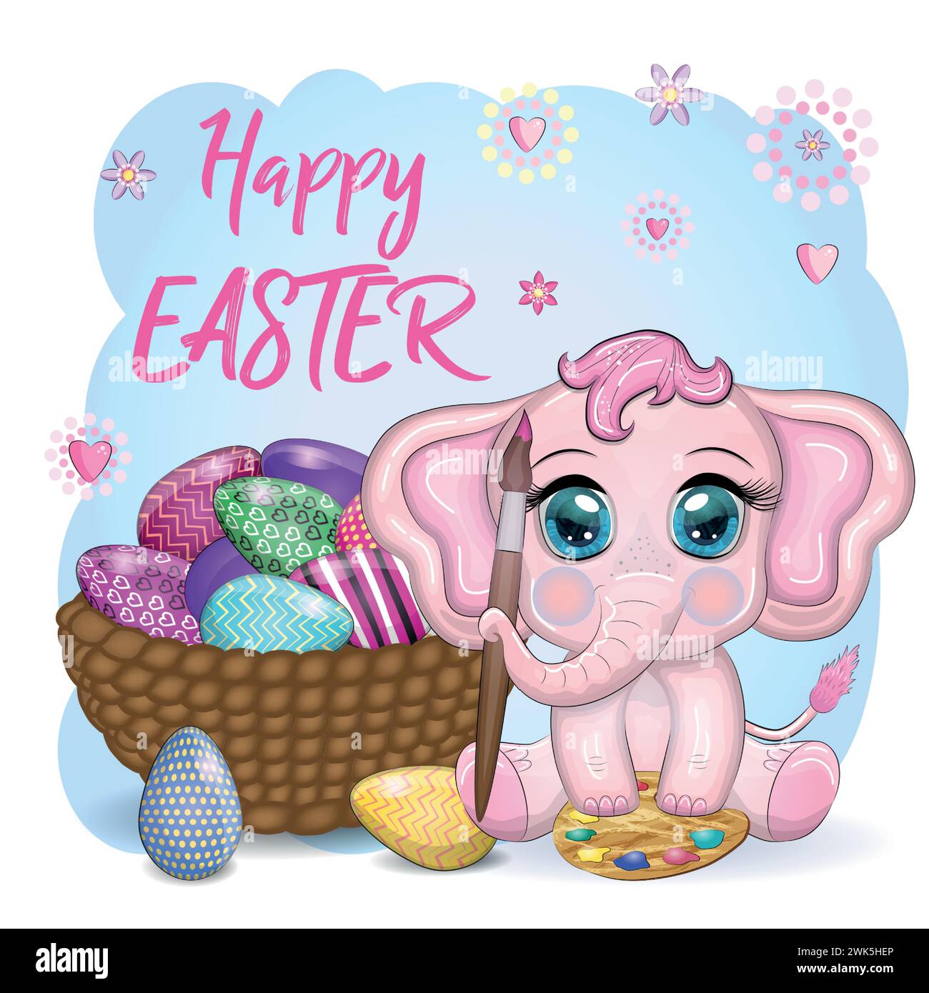 Cute cartoon elephant, childish character with beautiful eyes holding ...