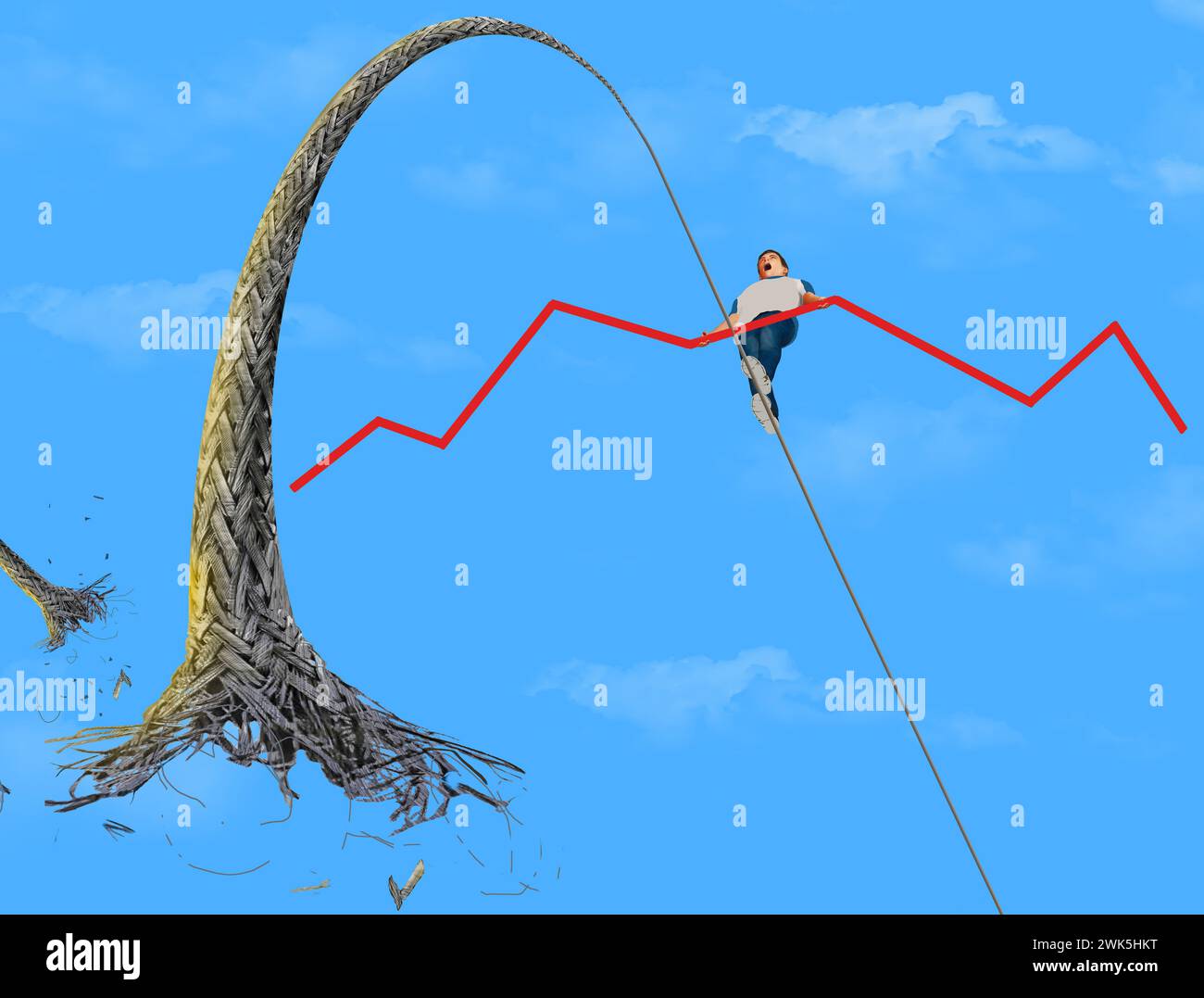 A tight rope walker is seen overhead using an up and dow stock market ...