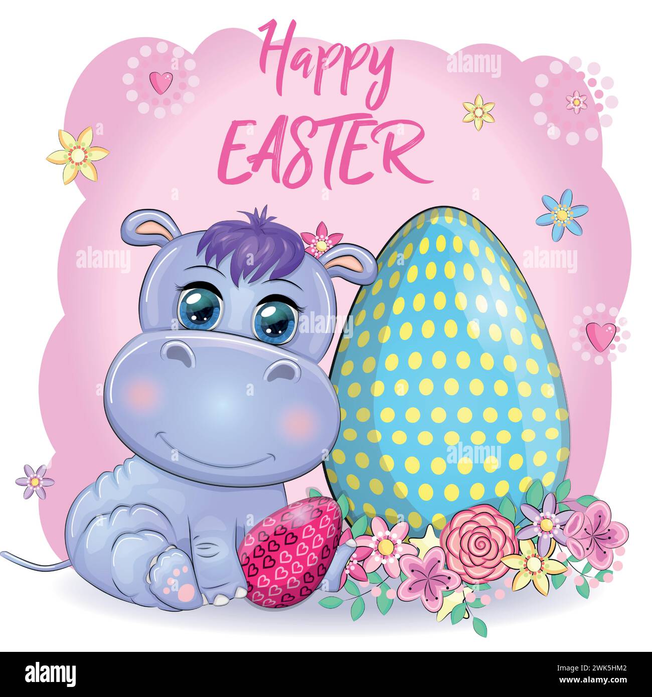 Cute cartoon hippo with Easter egg, Easter card Stock Vector Image ...