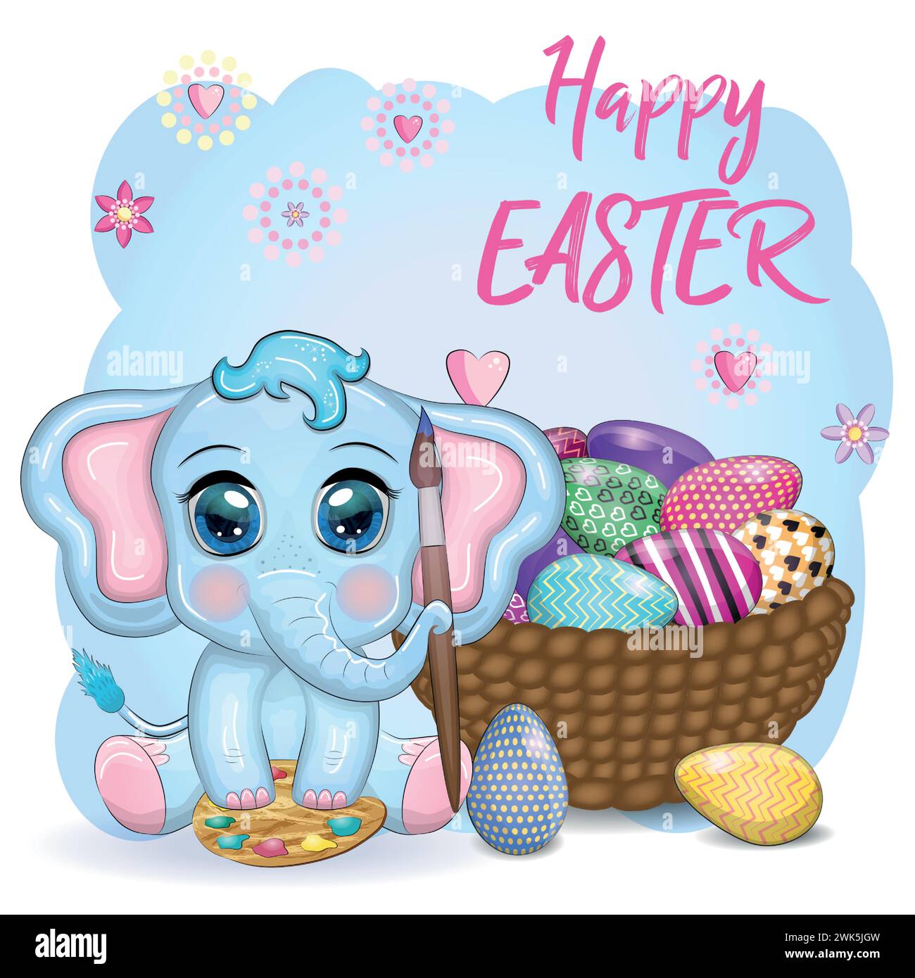 Cute cartoon elephant, childish character with beautiful eyes holding ...