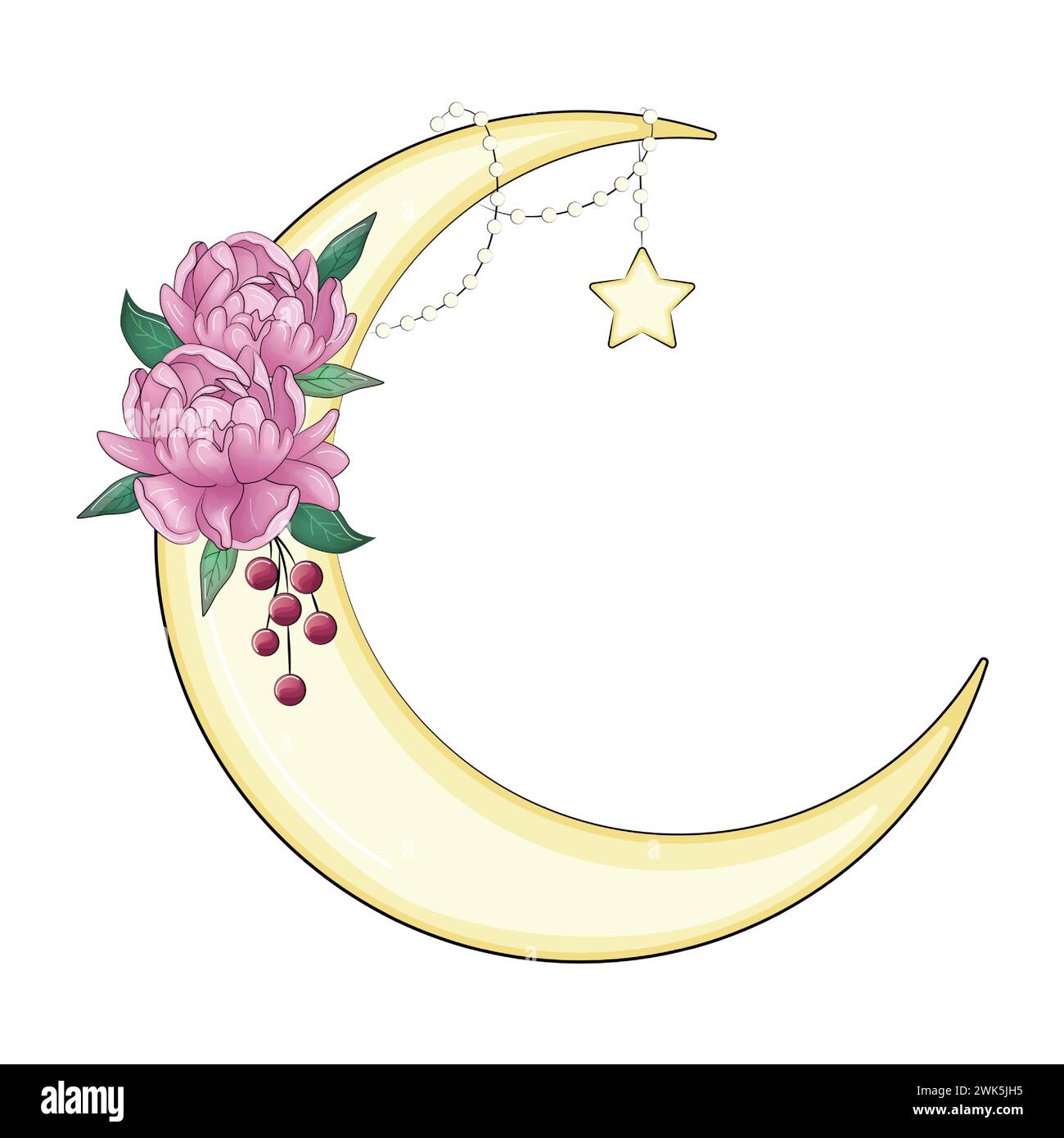 Crescent moon decorated with flowers, leaves anemone, peony, magnolia ...