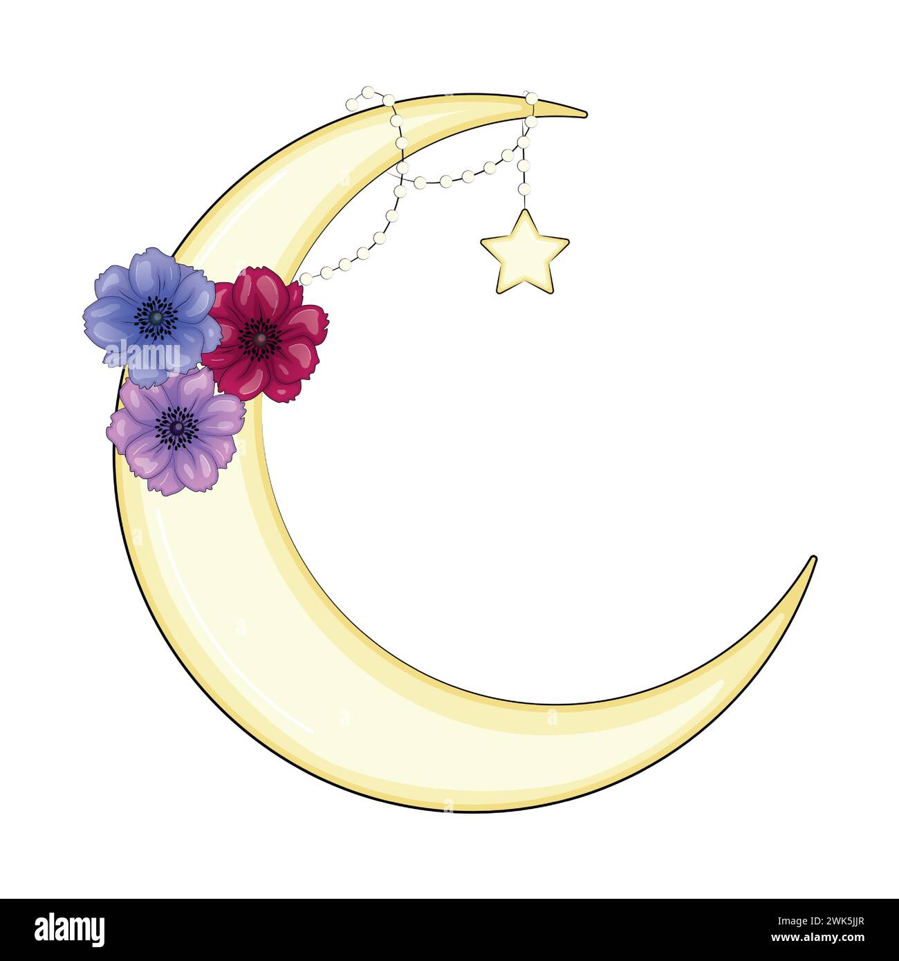 Crescent moon decorated with flowers, leaves anemone, peony, magnolia ...