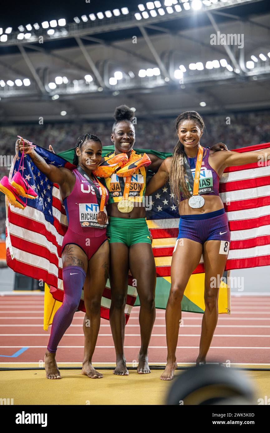 Sha'Carri RICHARDSON,Shericka JACKSON and Gabrielle THOMAS celebrating ...