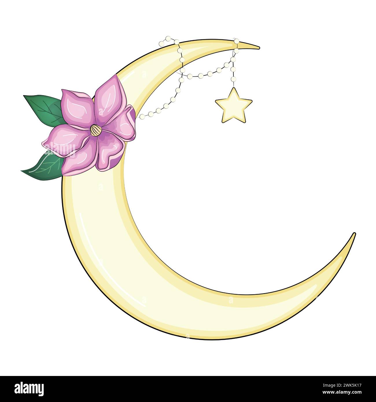 Crescent moon decorated with flowers, leaves anemone, peony, magnolia ...