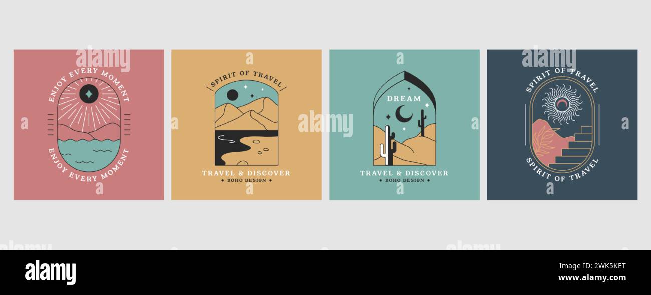 Vector trendy linear boho emblems with mountain landscape. Travel logos ...