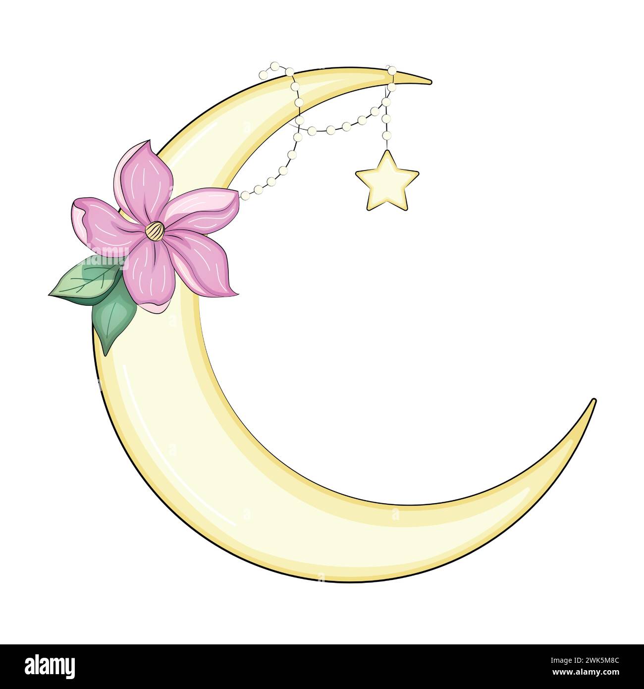 Crescent moon decorated with flowers, leaves anemone, peony, magnolia ...