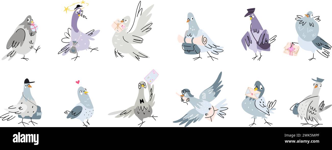 Post pigeon. Cartoon dove courier with parcel and envelopes. Funny ...