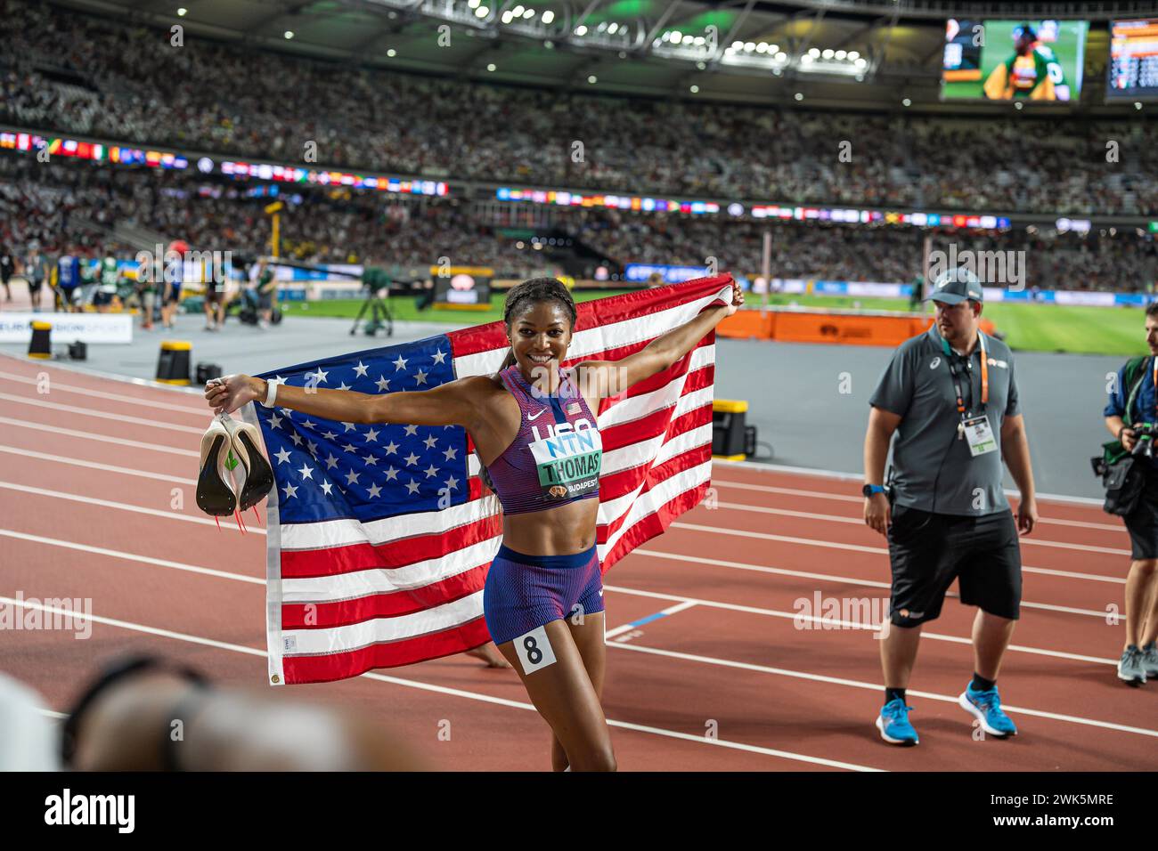 Gabrielle THOMAS celebrating his medal with the flag in the Budapest ...