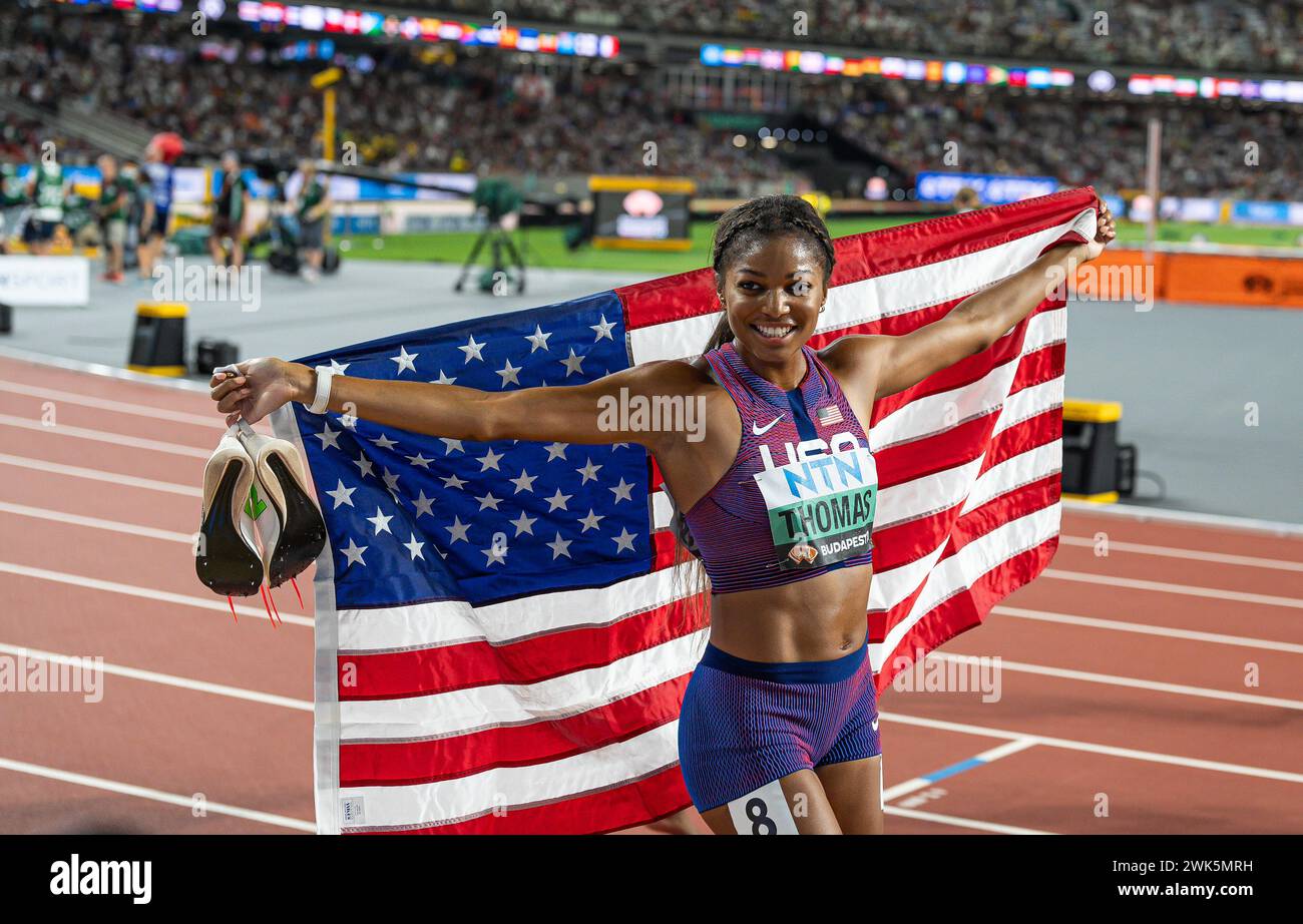 Gabrielle THOMAS celebrating his medal with the flag in the Budapest ...