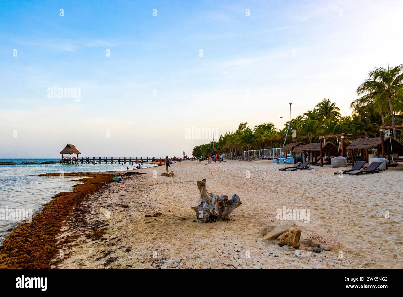 Tropical mexican caribbean beach and sea with people sun loungers ...