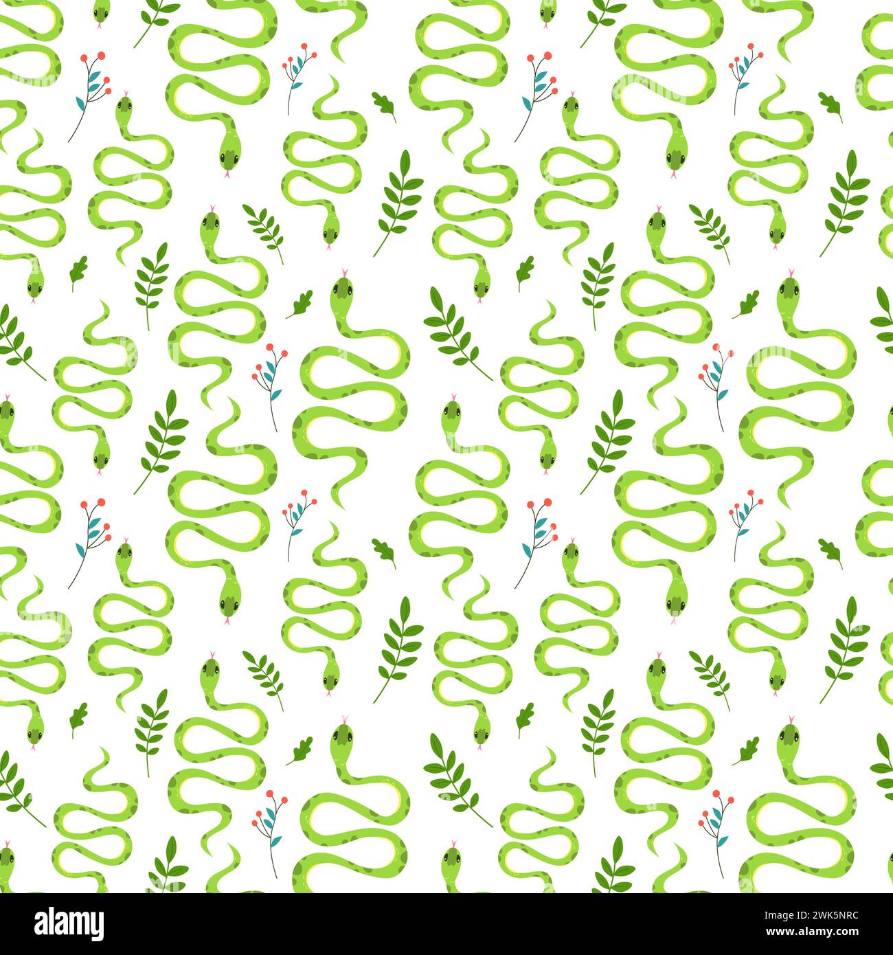 Seamless pattern of cute green snakes surrounded by spring flowers and ...