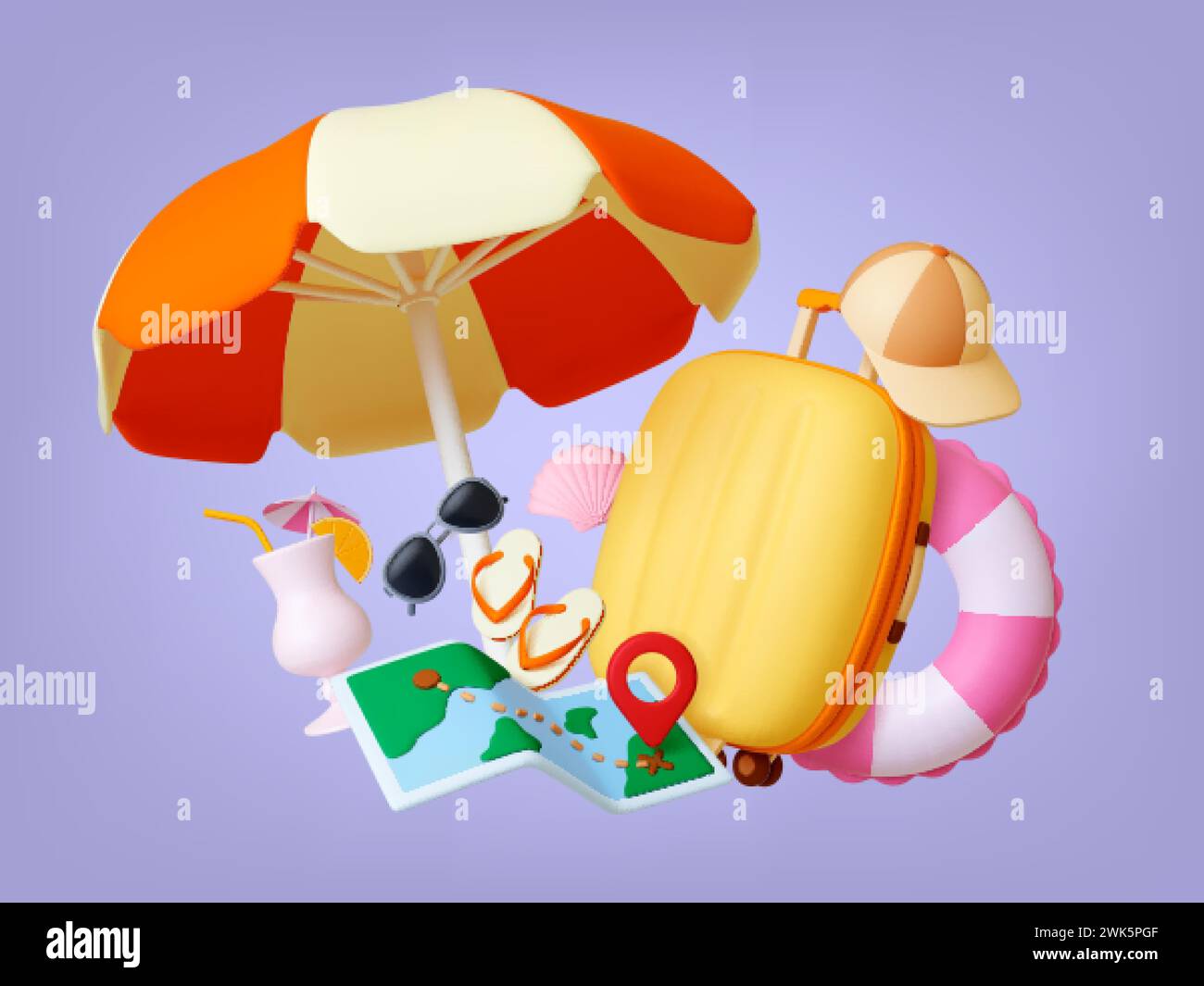 Summer travel 3d concept. Beach rest, ocean tourism. Map and sea shell ...