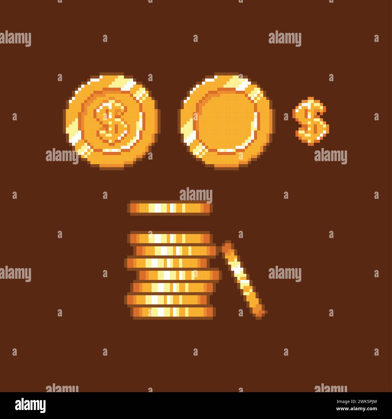Pixel art retro gold coin dollar sign game asset icon set. Vector ...