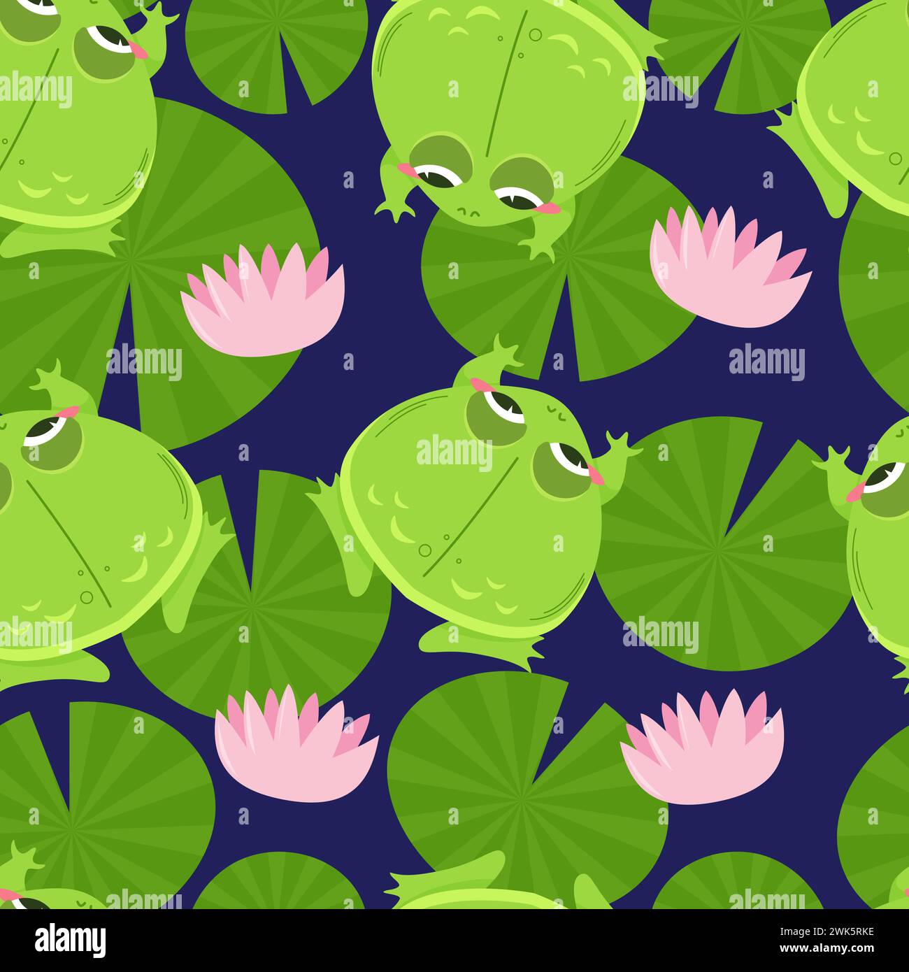 Seamless pattern of cute green frogs surrounded by water lily pads on ...