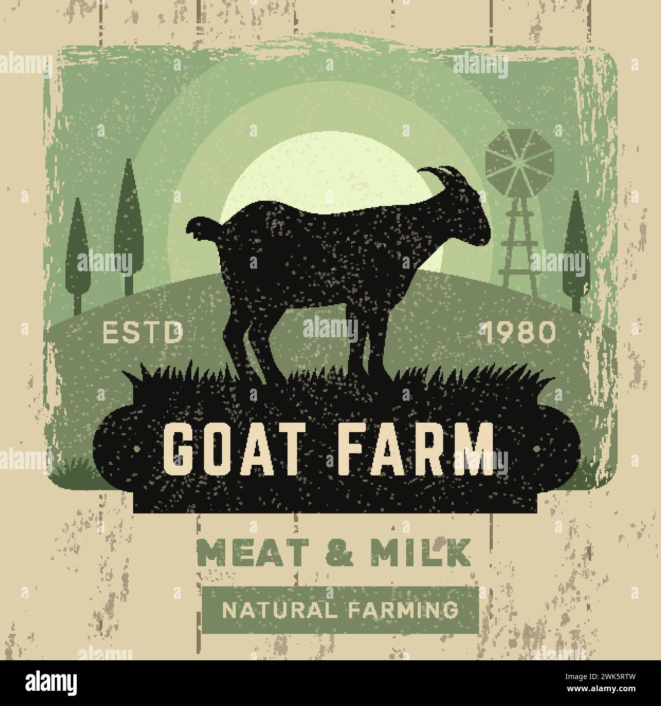 Farm animal poster retro placard with goat silhouette and place for ...