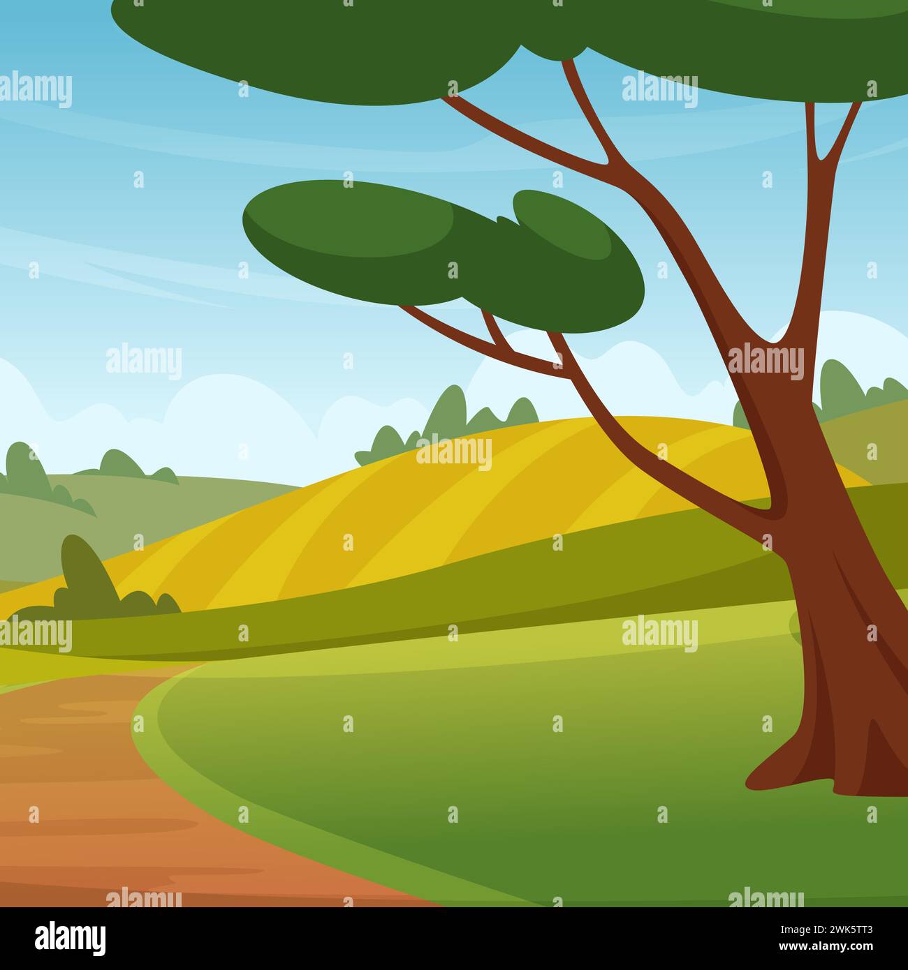 Outdoor landscape cartoon background with standalone tree and green ...