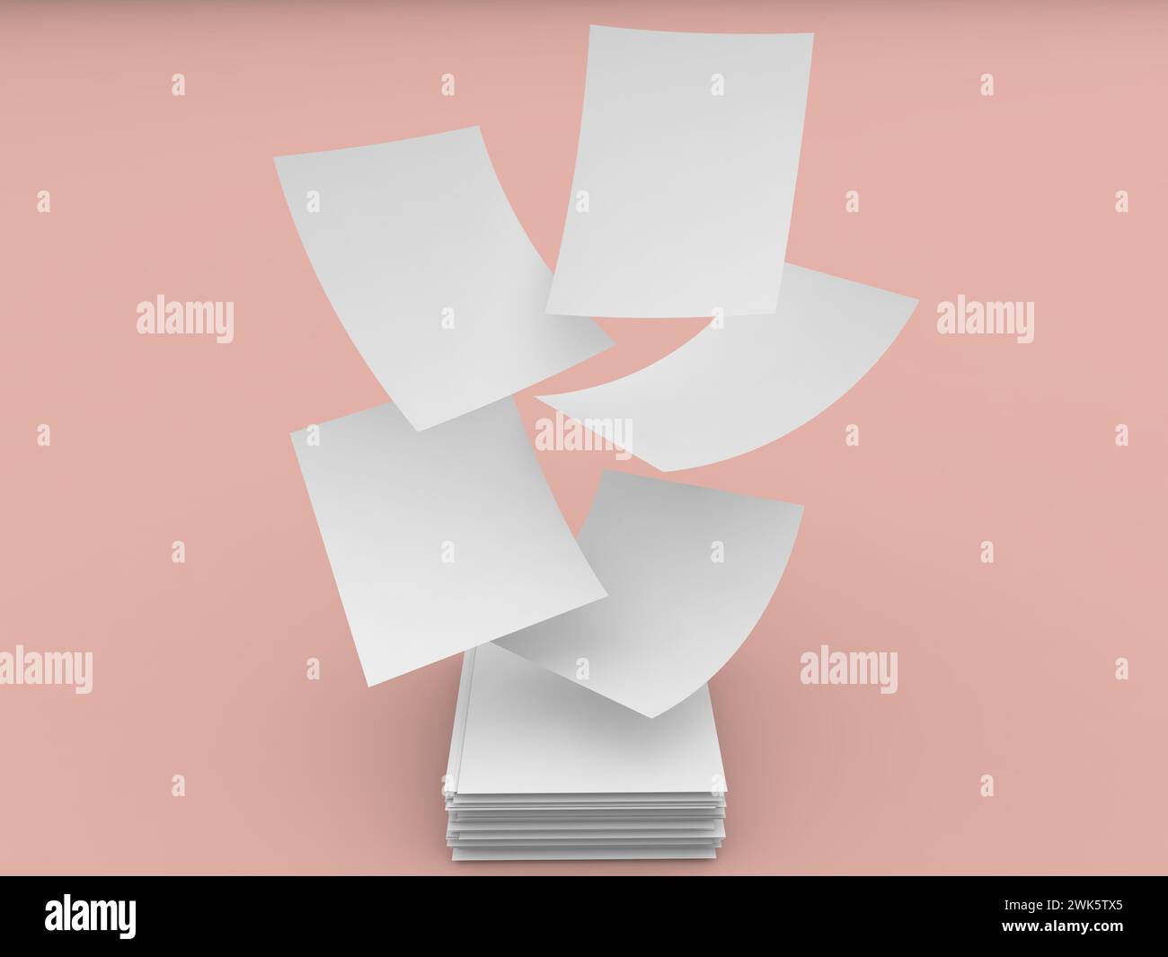 Curved sheets of A4 paper on a orange background. 3d render ...