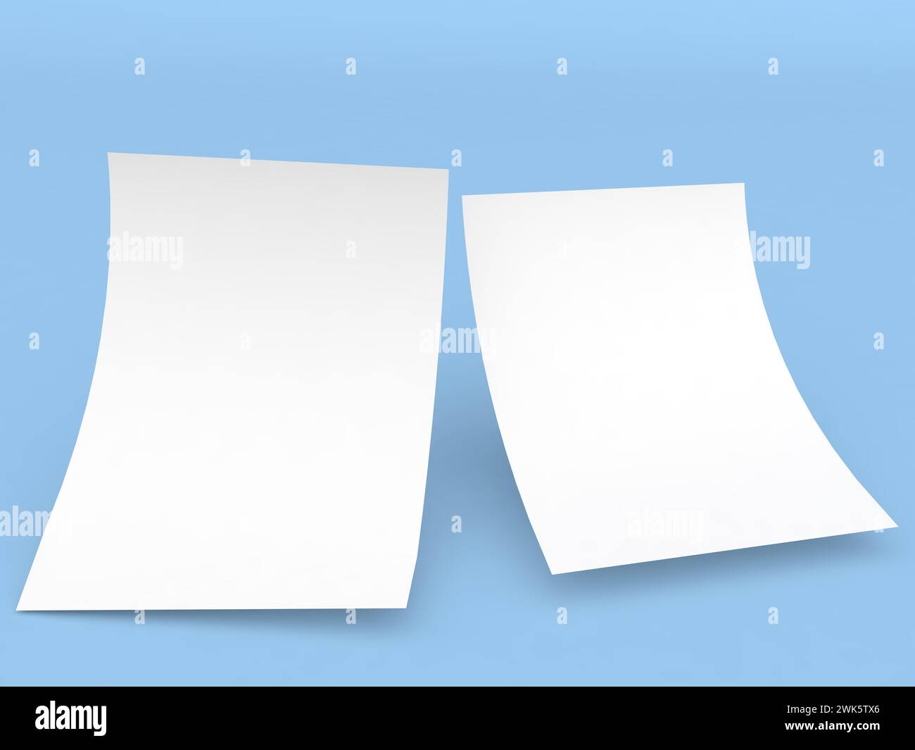Two sheets of A4 paper on a blue background. 3d render illustration ...