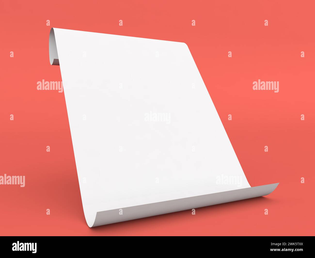 Curved office sheet of A4 paper on a red background. 3d render ...