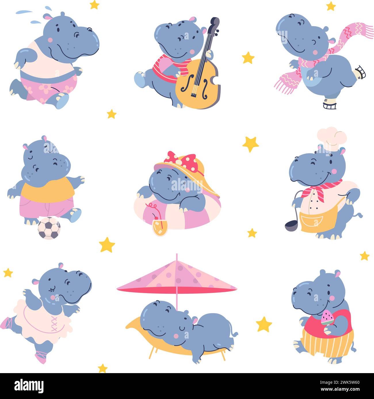 Cartoon hippo. Funny fatty hippos dancing, sleeping, walking and play ...