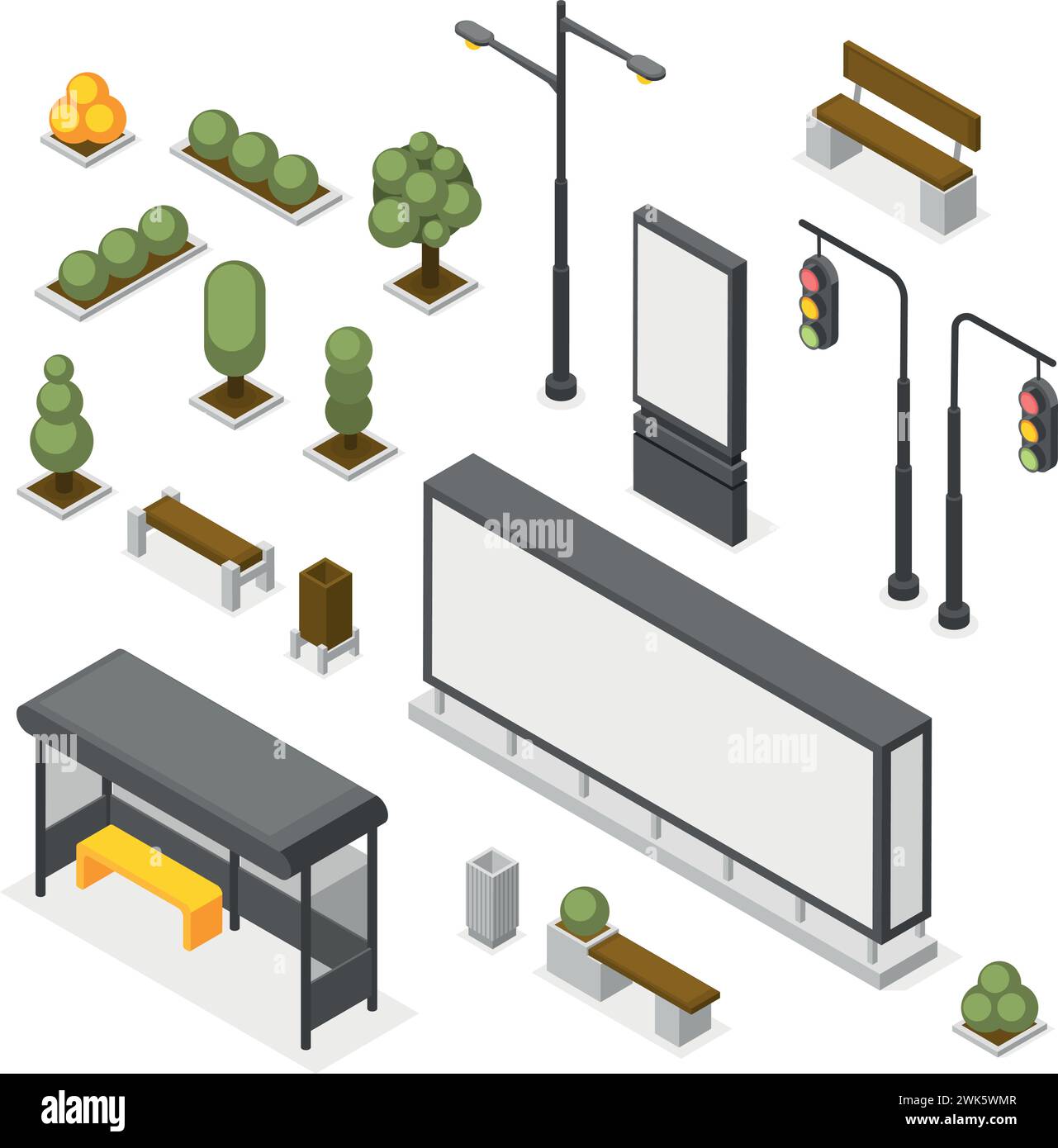Isometric city elements. Isolated traffic light, street lights, public ... Isometric city elements. Isolated traffic light, street lights, public ...