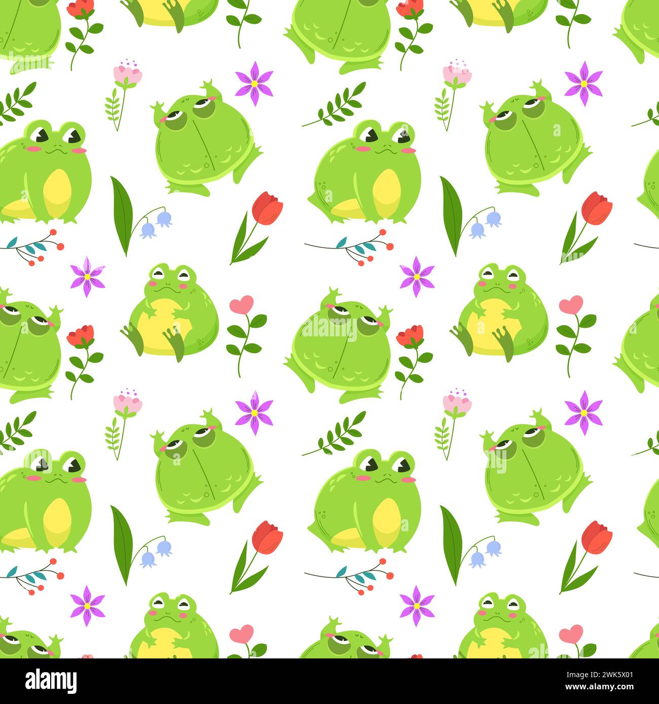 Seamless pattern of cute green frogs surrounded by spring flowers ...