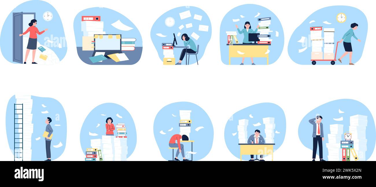 Chaotic office characters. Paper piles and folders stacks. Tired ...