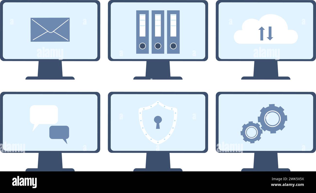 Computer monitors with different signs. Cloud service, digital folders and storage, web safety ...